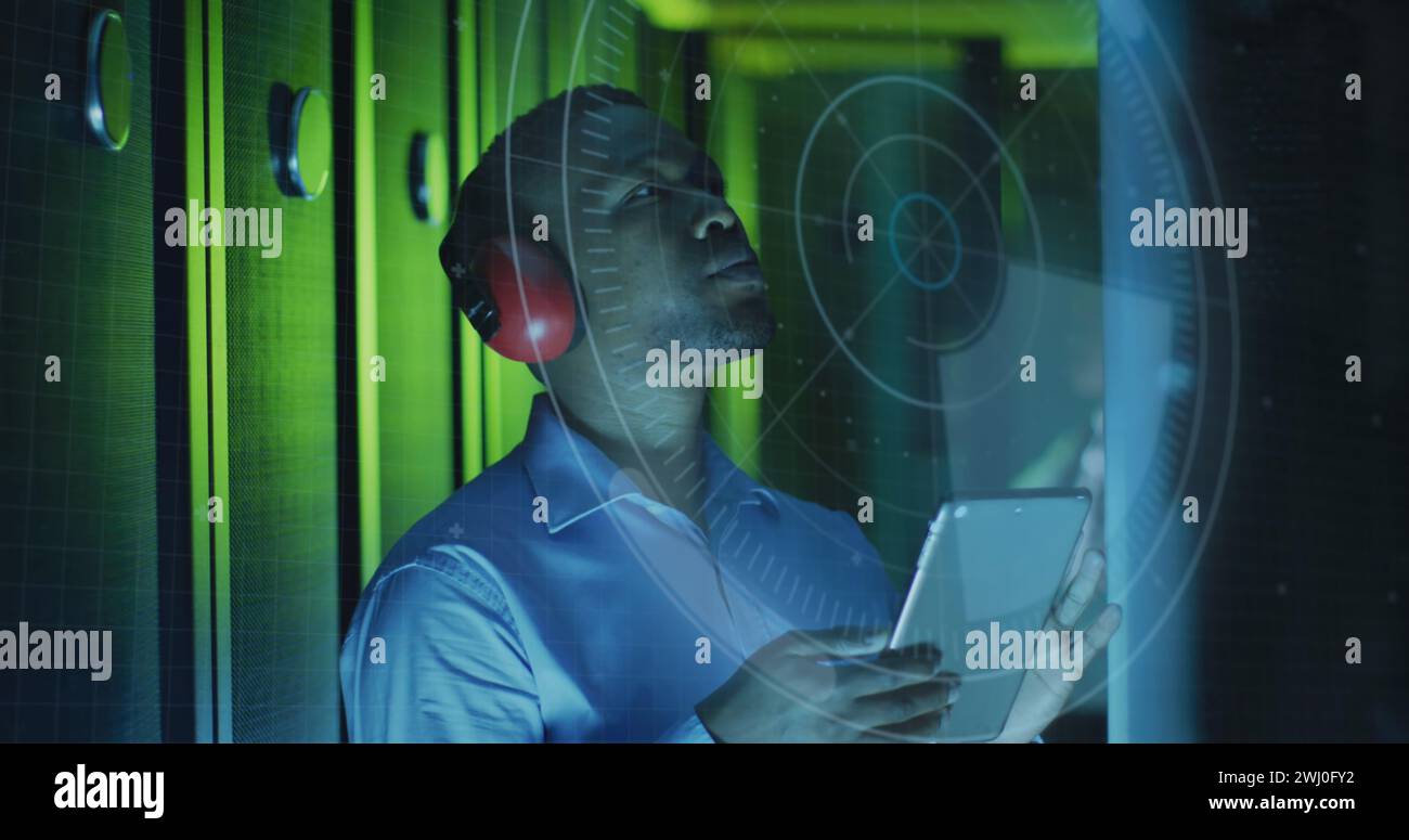 Image of data processing over african american male it engineer and ...
