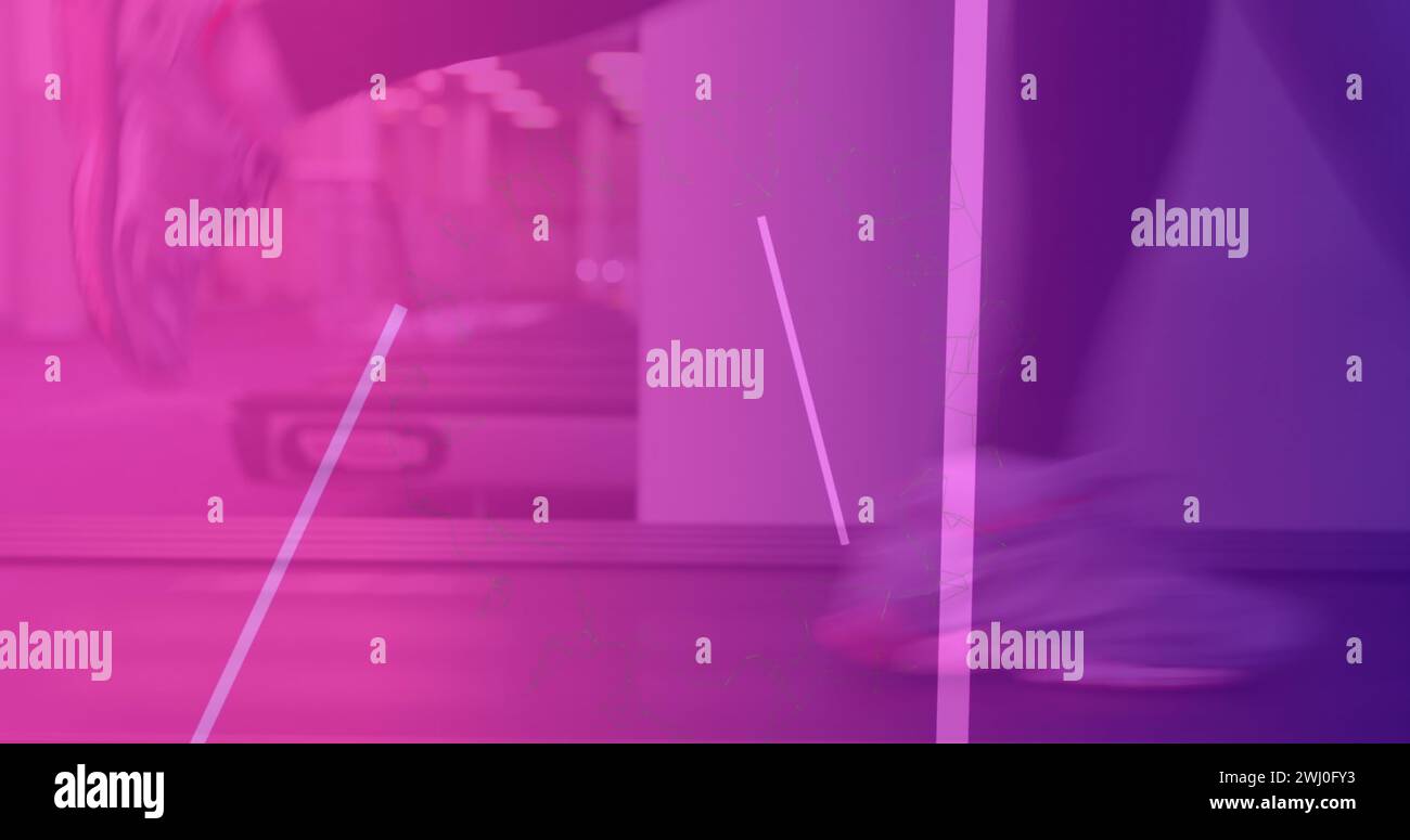 Image of glowing pink lights over athlete running on treadmill in gym ...