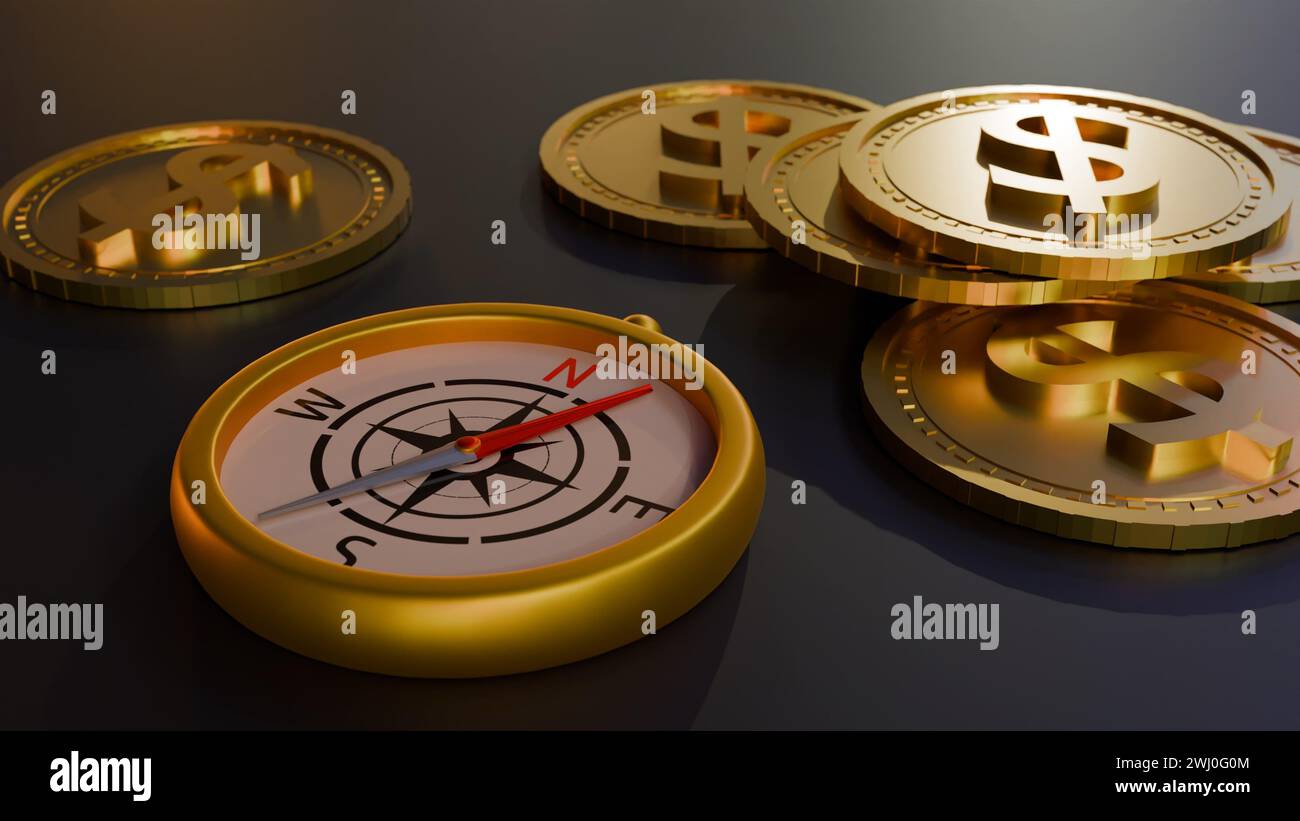 3d rendering of gold coins and a compass Stock Photo - Alamy