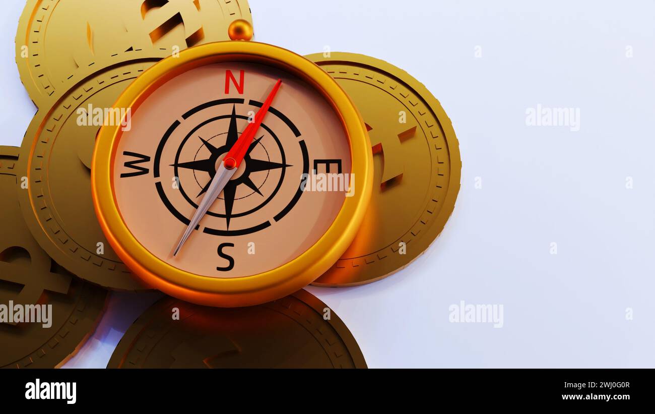 3d rendering of gold coins and a compass Stock Photo - Alamy
