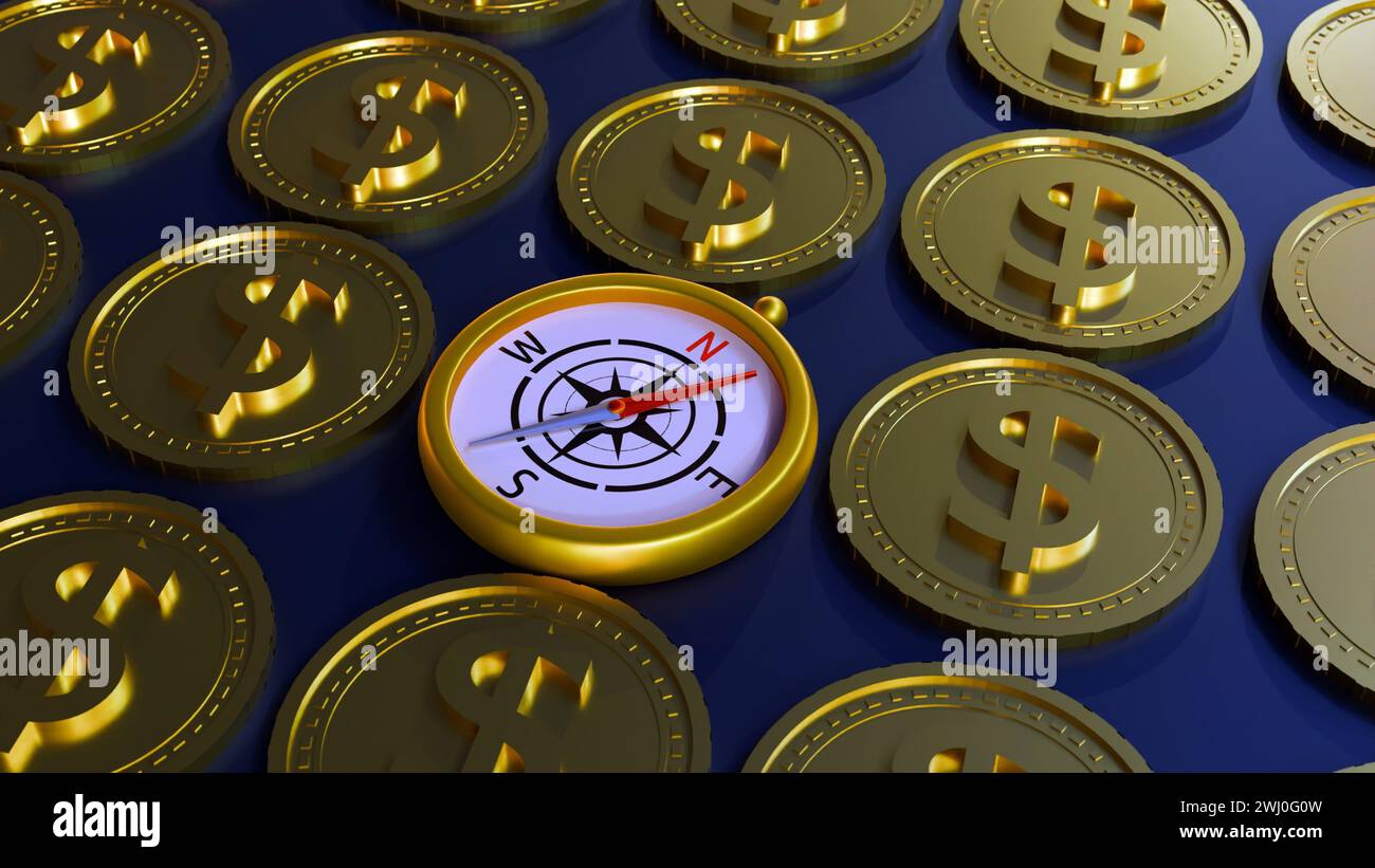 3d rendering of gold coins and a compass Stock Photo - Alamy