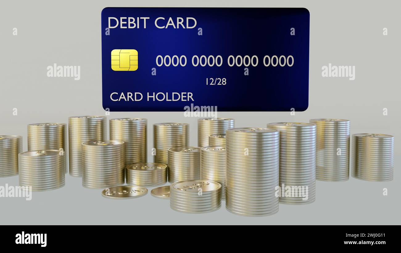 3d rendering of debit card and pile of coins on the white background ...