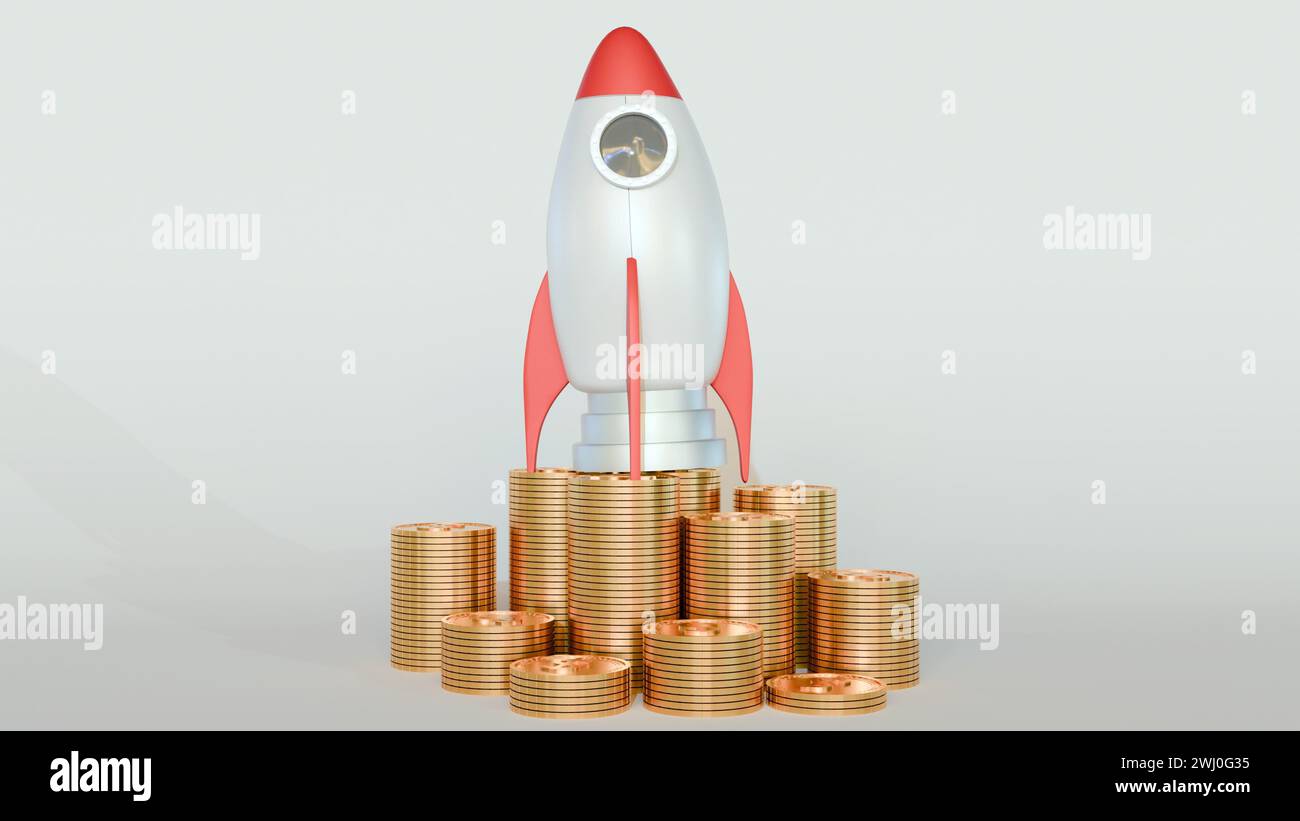 3d rendering of Rocket takes off with dollar coins Stock Photo - Alamy