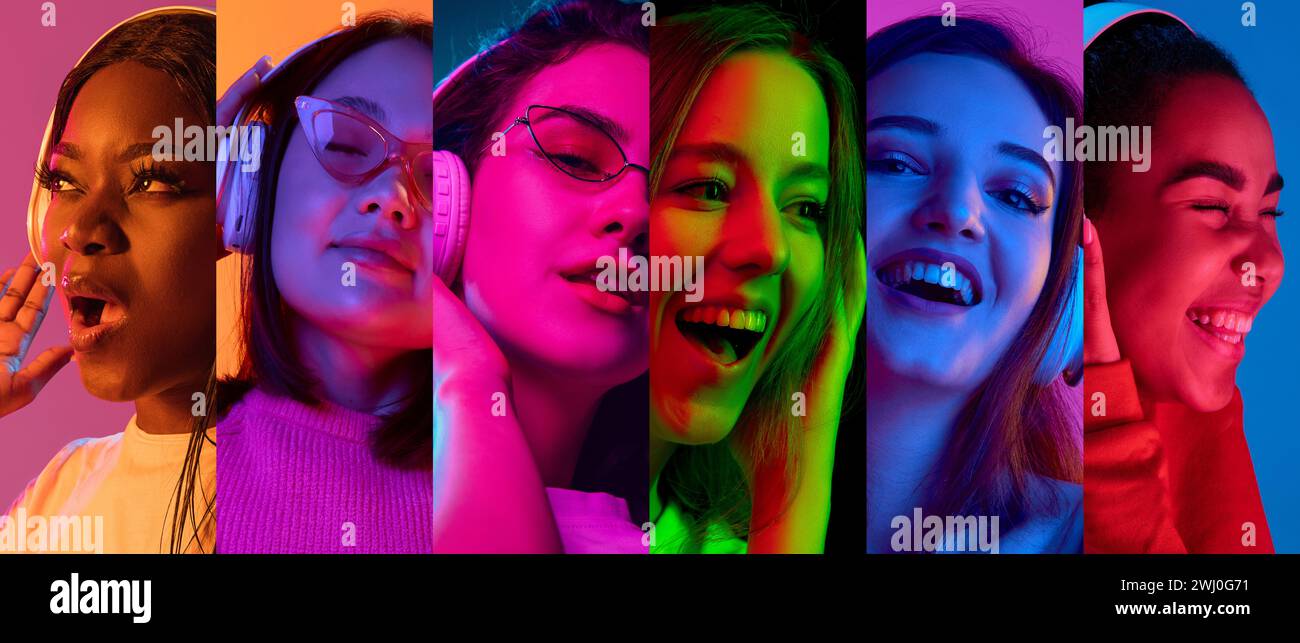 Collage made of different young women of various nationality listening ...