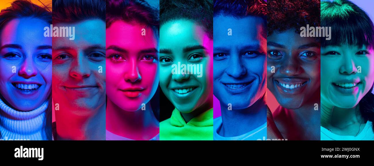 Collage made of close-up portraits of smiling young people of different ...