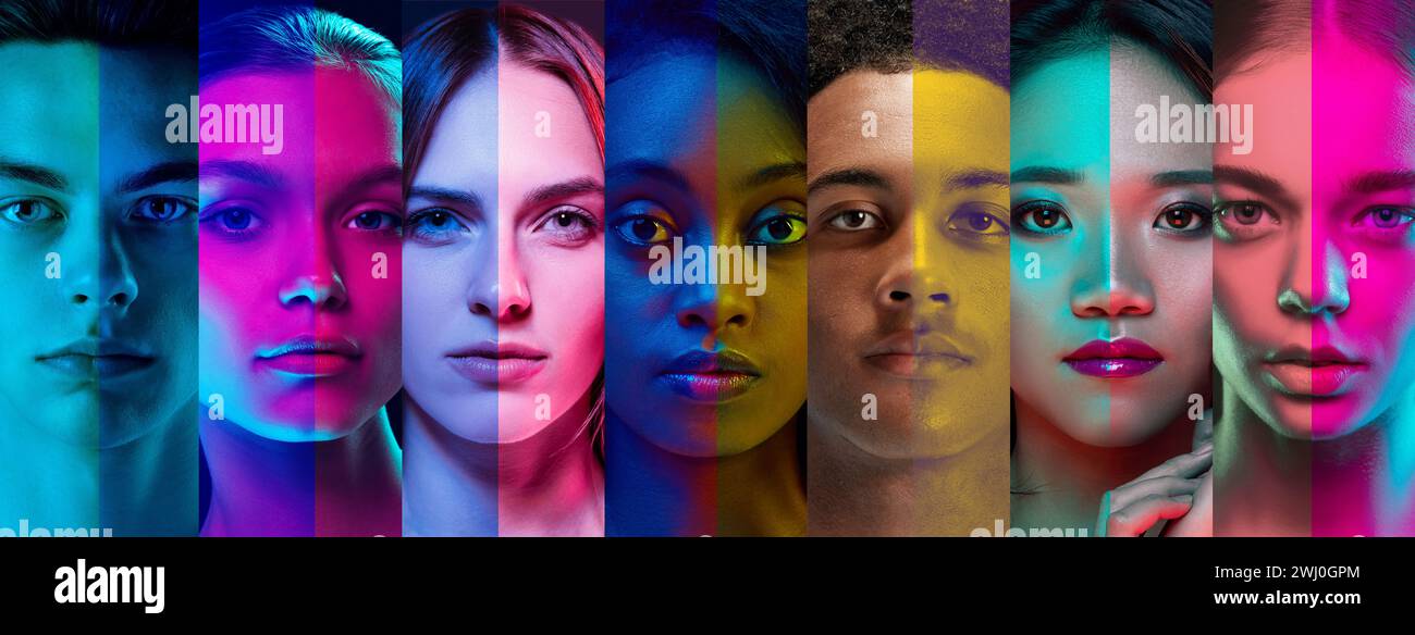 Collage made of close-up portraits of young people of different age ...