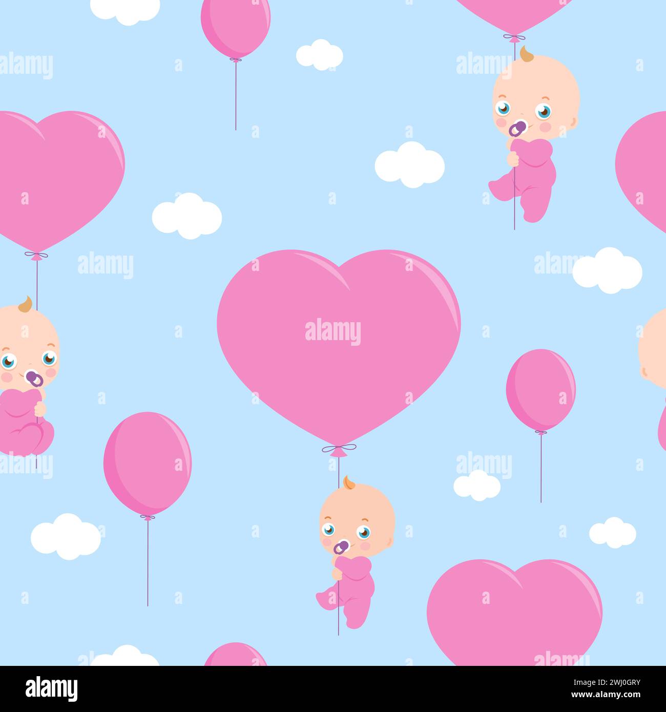 Babies holding pink balloons. Baby shower party background with babies ...