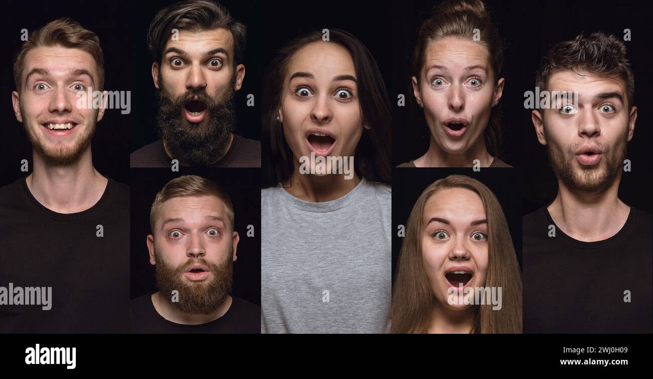 Collage made of close-up portraits of emotional young people, men and women standing with ...