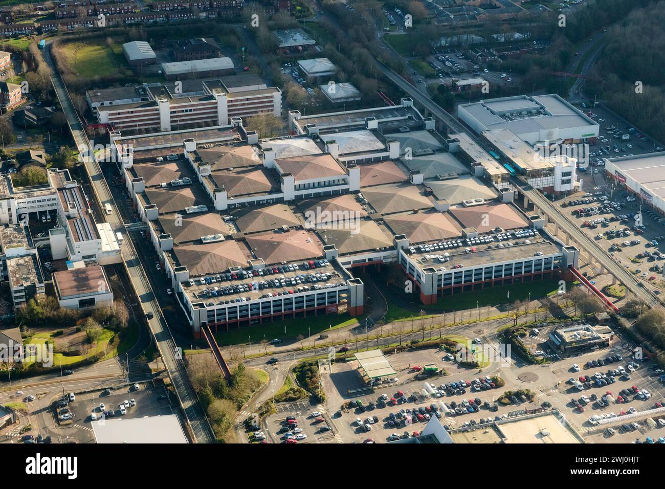 Runcorn Shopping City retail centre, from the air, north west England ...
