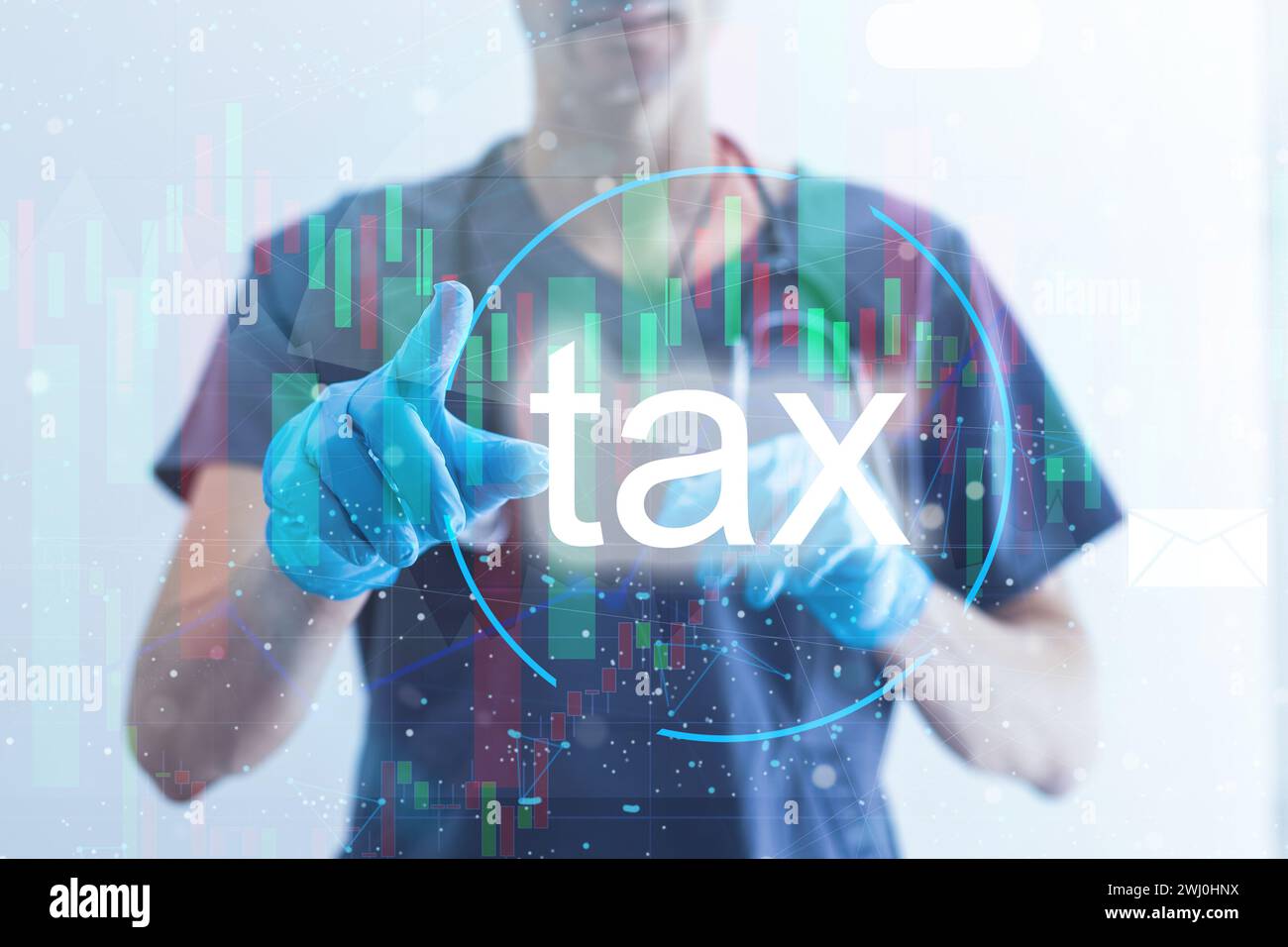 Doctor using innovative virtual touchscreen presses tax button healthcare network on internet ...
