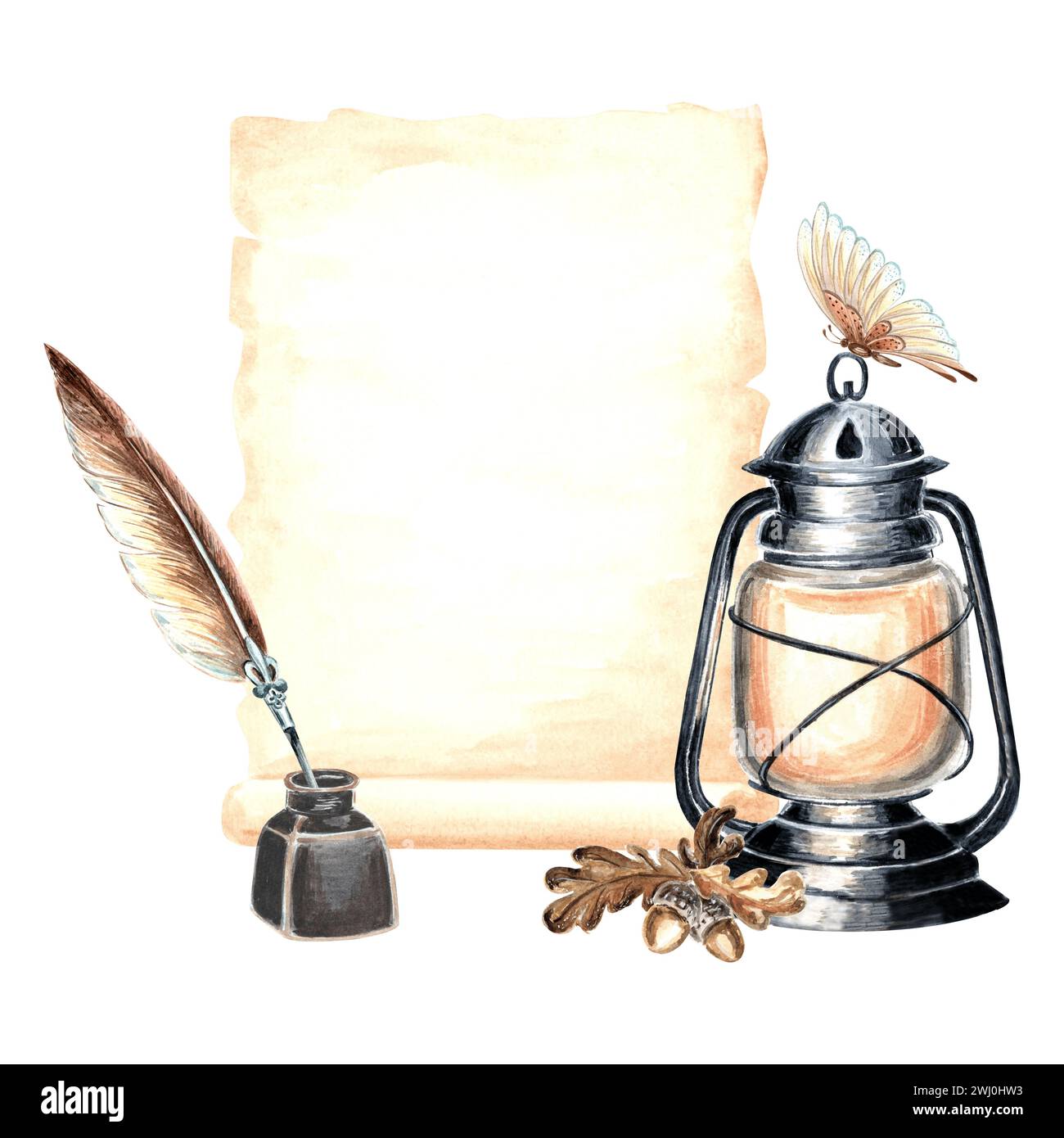 Vintage lantern with writing supplies. Parchment handwritten paper ...