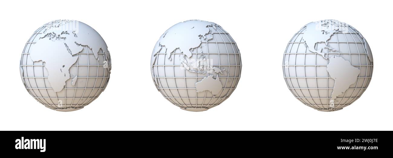 Three grey globe icons 3D rendering illustration isolated on white ...