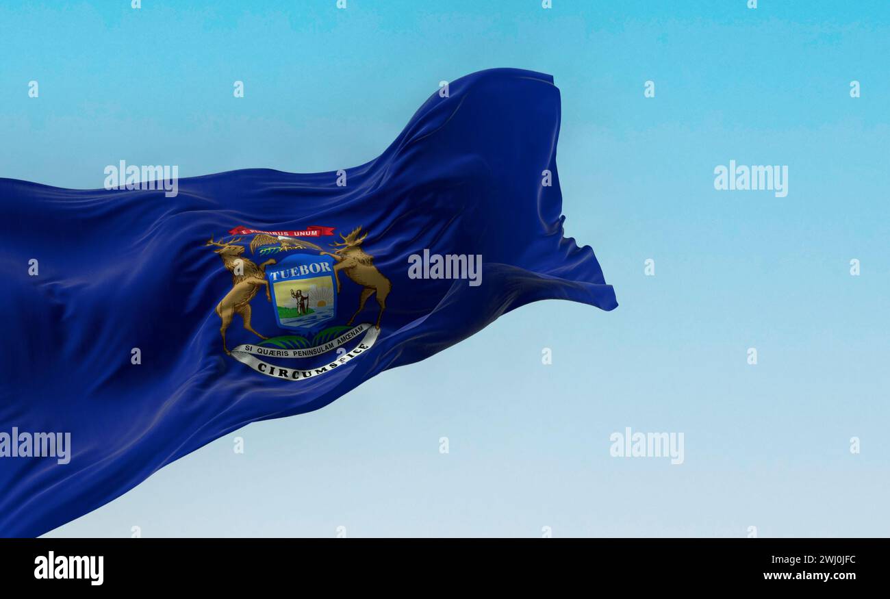 Michigan state flag waving in the wind on a clear day Stock Photo - Alamy