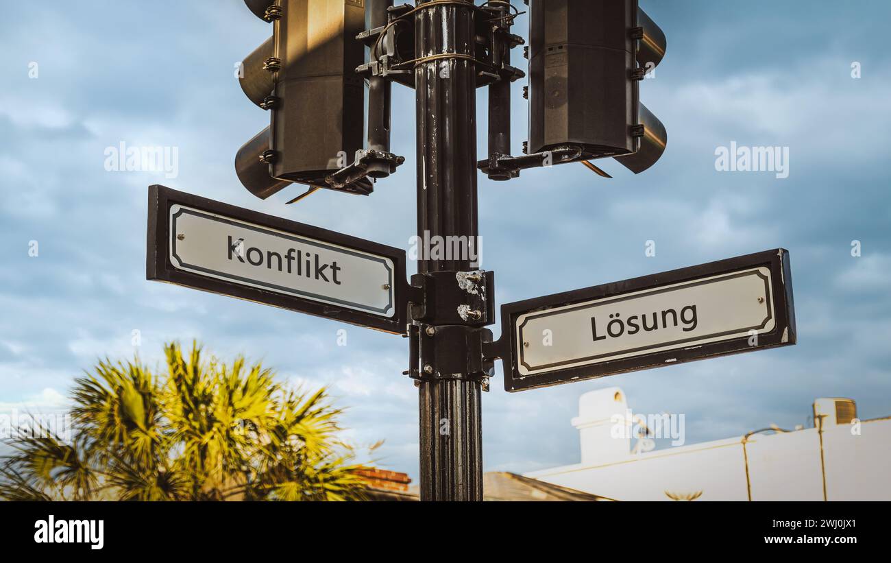 Signposts the direct way to conflict versus resolution Stock Photo - Alamy