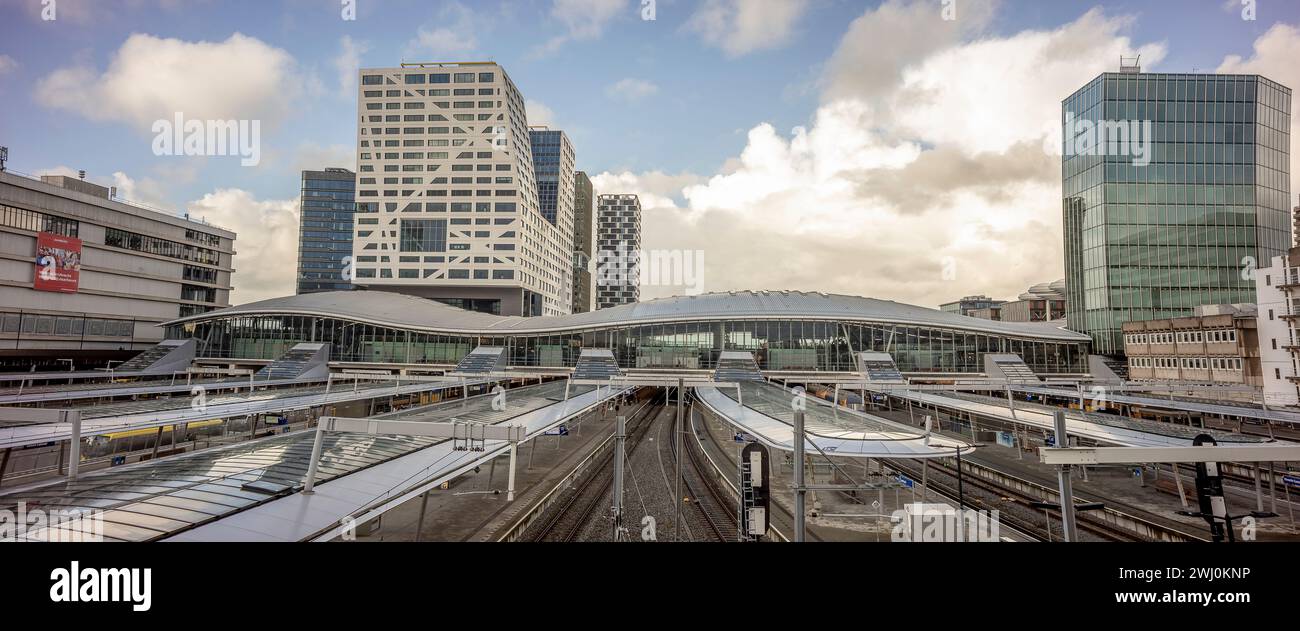 Panorama of modern high rise buildings at central train station with ...