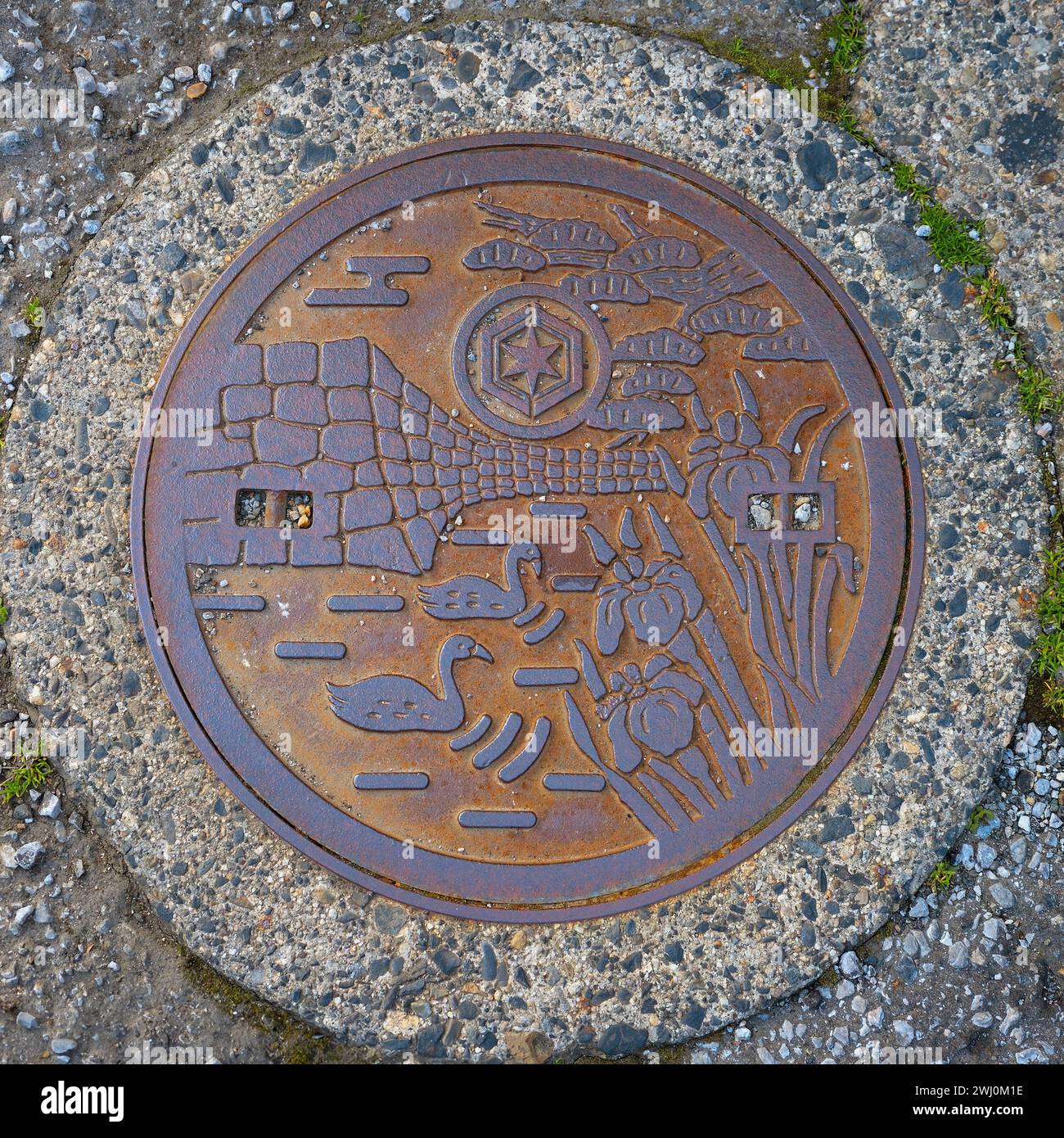 Shiga, Japan - April 3 2023: Beautiful design of manhole cover in ...