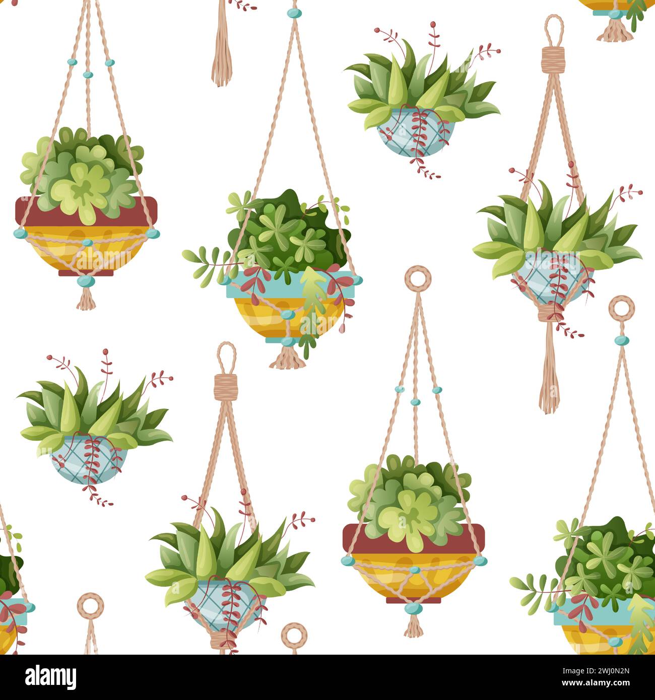 Seamless pattern. Houseplant and macrame plant growing in pots. Set of ...