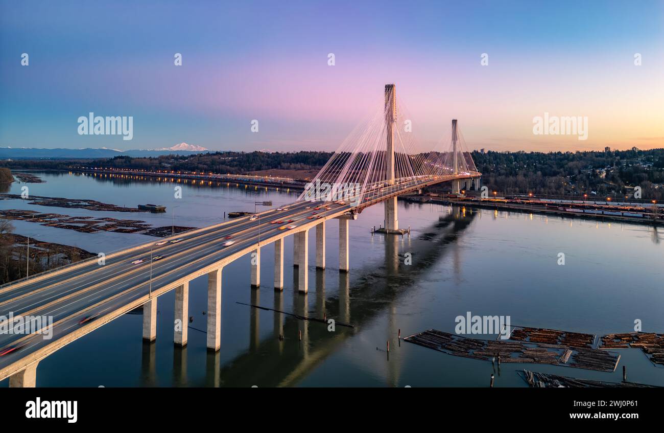 Port Mann Bridge across Fraser River. Sunset Sky. Vancouver, BC, Canada ...
