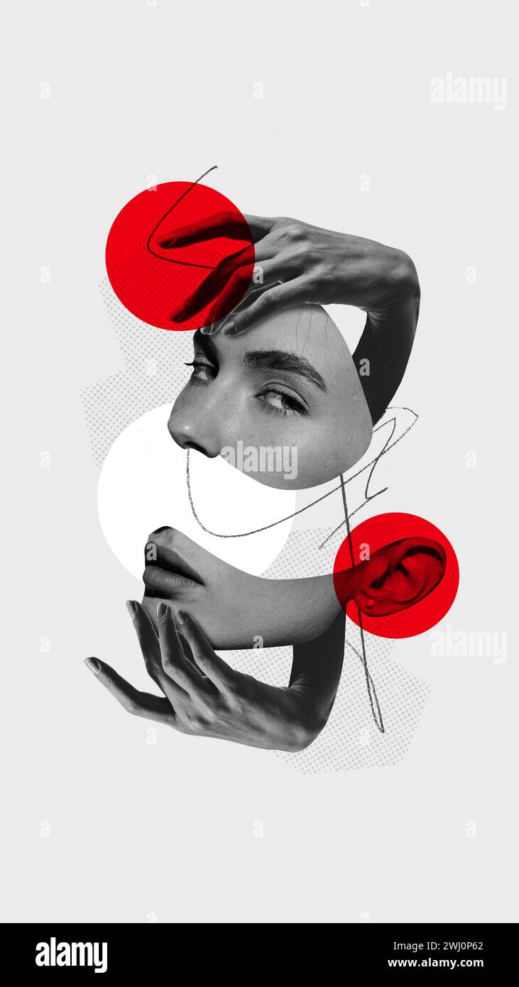 Contemporary art collage. Monochrome portrait of woman with face split ...
