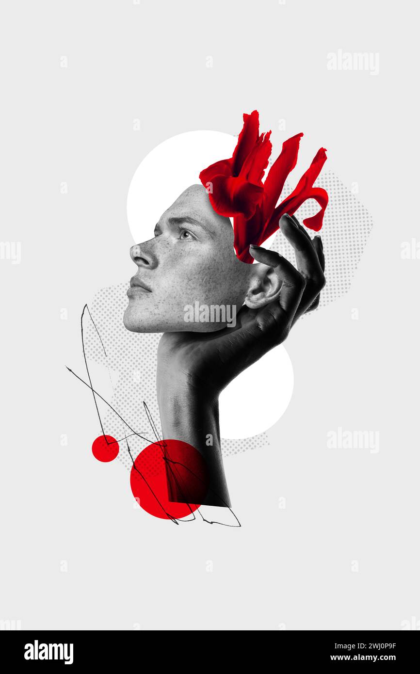 Contemporary art collage. Hand holds male head with flowers. Abstract ...