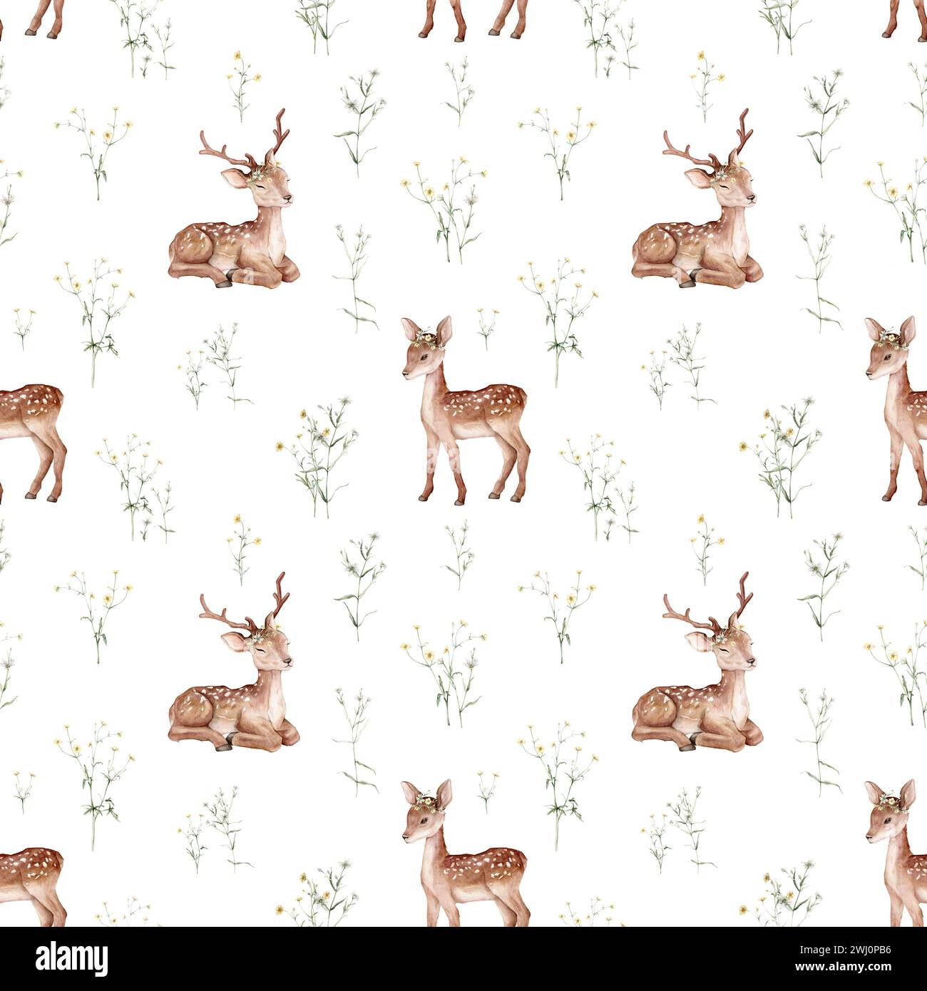 Watercolor seamless pattern baby deer and meadow flowers. Spotted deer ...