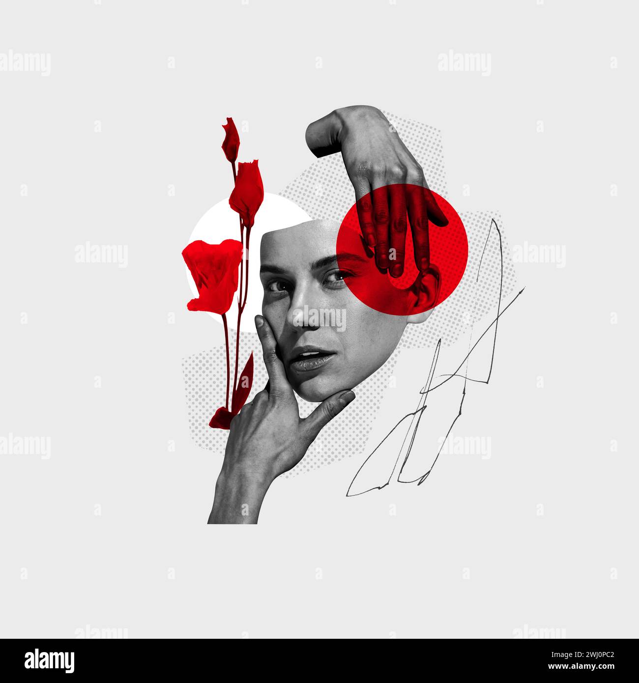 Contemporary Art Collage Black And White Image Of Person With Red Floral Accents And Abstract