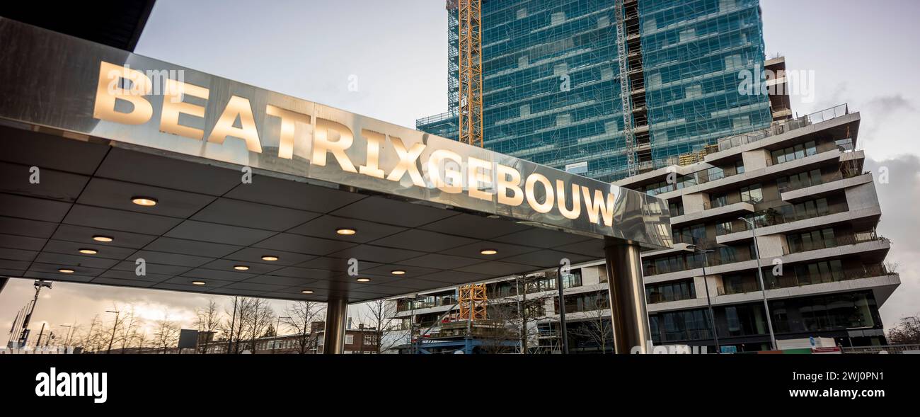 Sign by the entrance of theatre and musical venue Beatrix building in ...