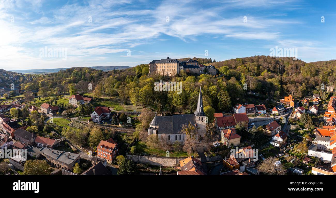 Aerial view of the Harz district View of Blankenburg Castle Stock Photo - Alamy