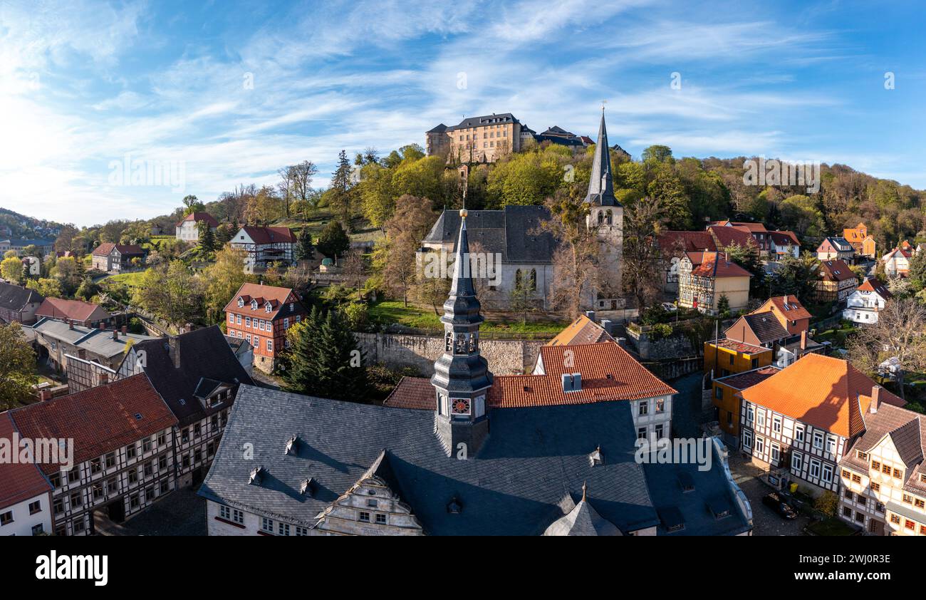 Aerial view of the Harz district View of Blankenburg Castle Stock Photo - Alamy