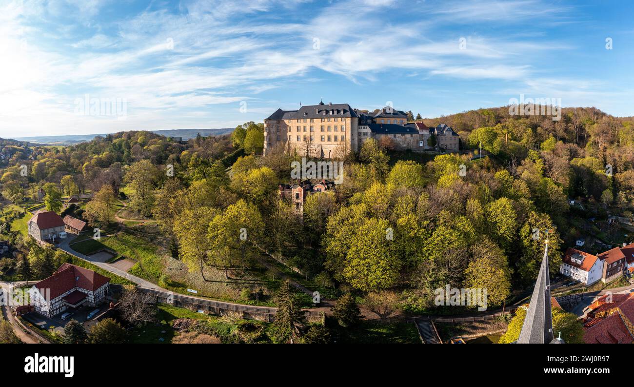 Aerial view of the Harz district View of Blankenburg Castle Stock Photo - Alamy