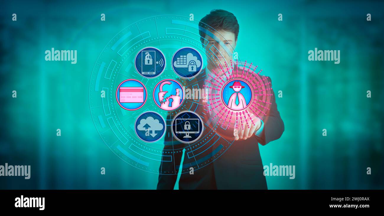 Young business man identifying a credit card data breach in a touch ...