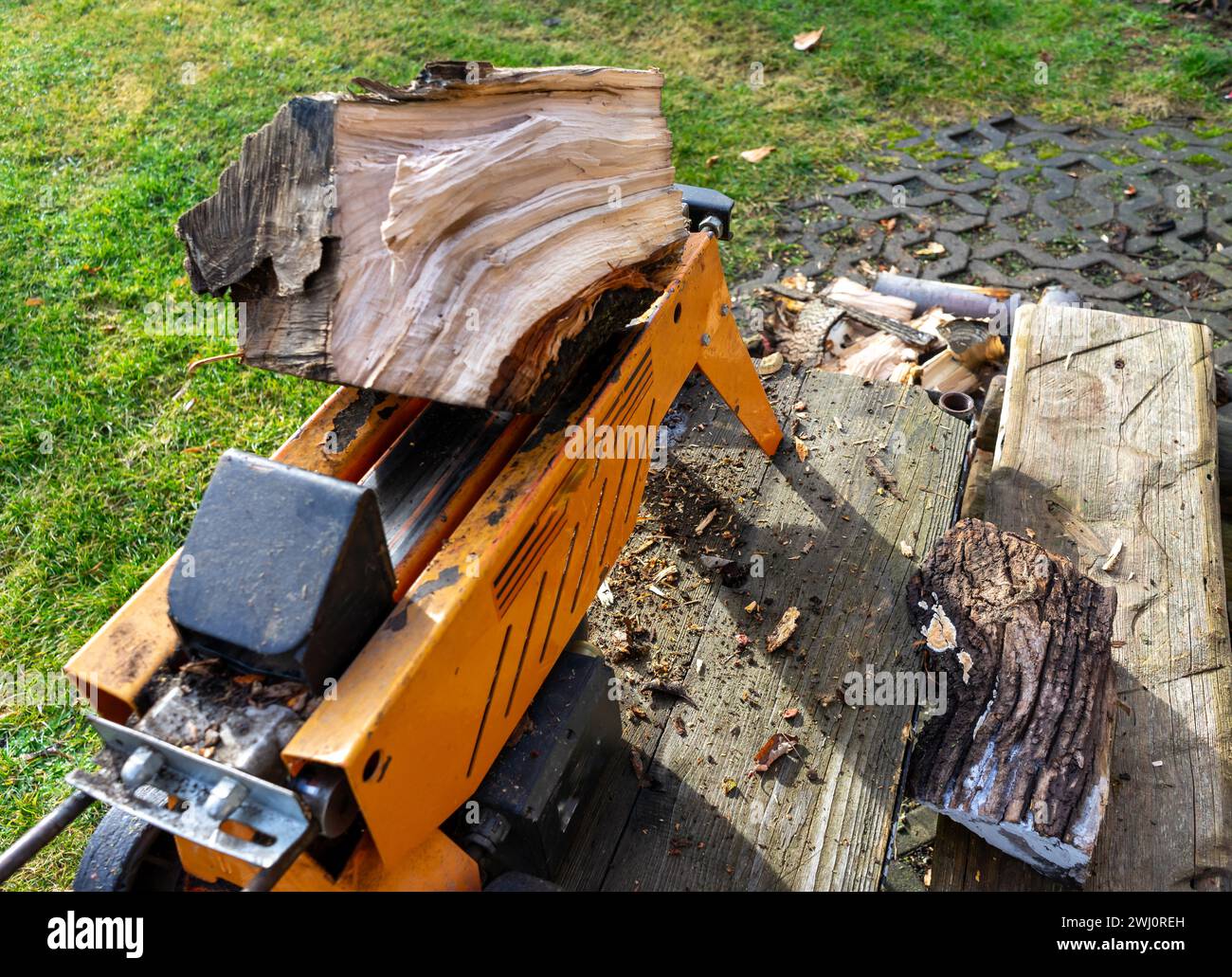 Splitting firewood with a log splitter in the garden Stock Photo - Alamy