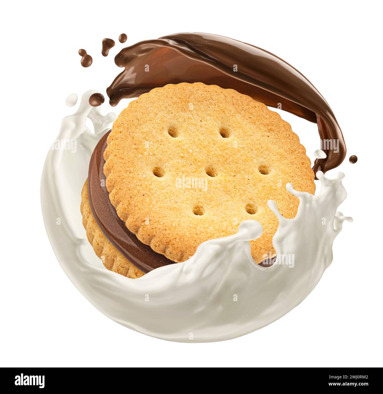 Chocolate sandwich cookie falling with milk splash isolated on white ...