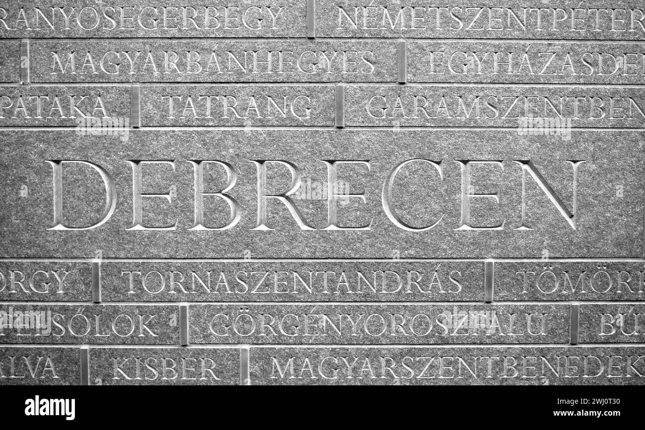 Hungarian place names, including Debrecen, Memorial of National Unity ...