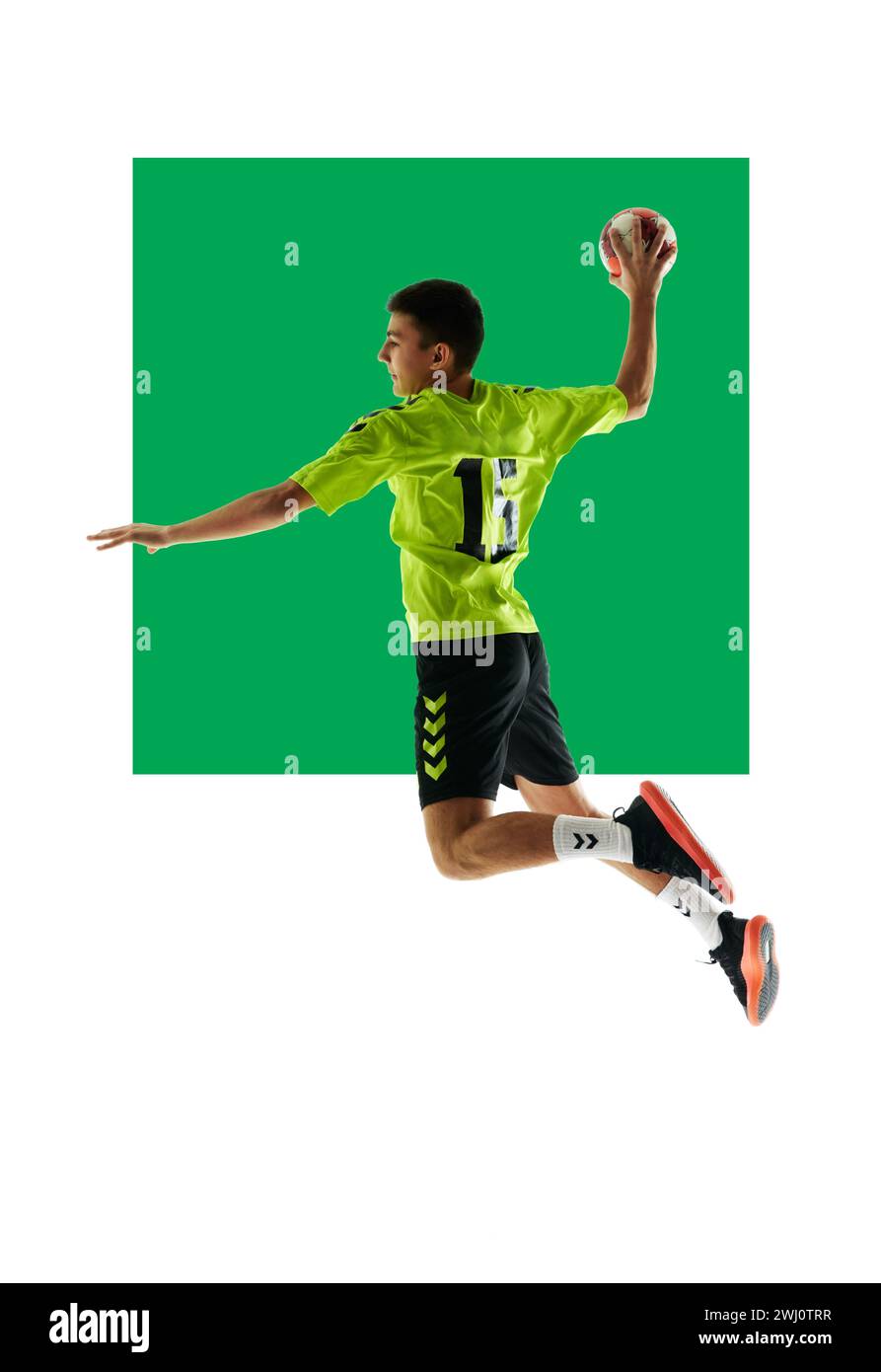 Dynamic image of young man, handball player in motion with ball against ...