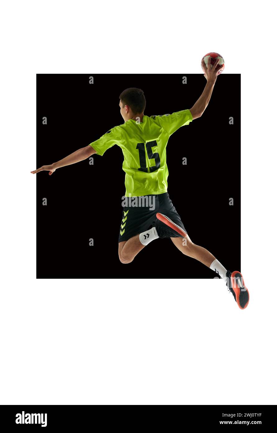 Dynamic image of young man, handball player in motion with ball against ...