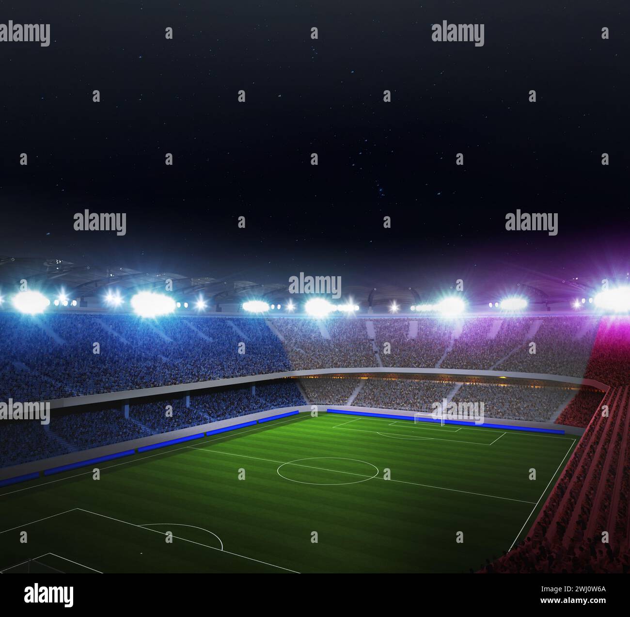 Aerial view. Illuminated empty football stadium at night with starry ...