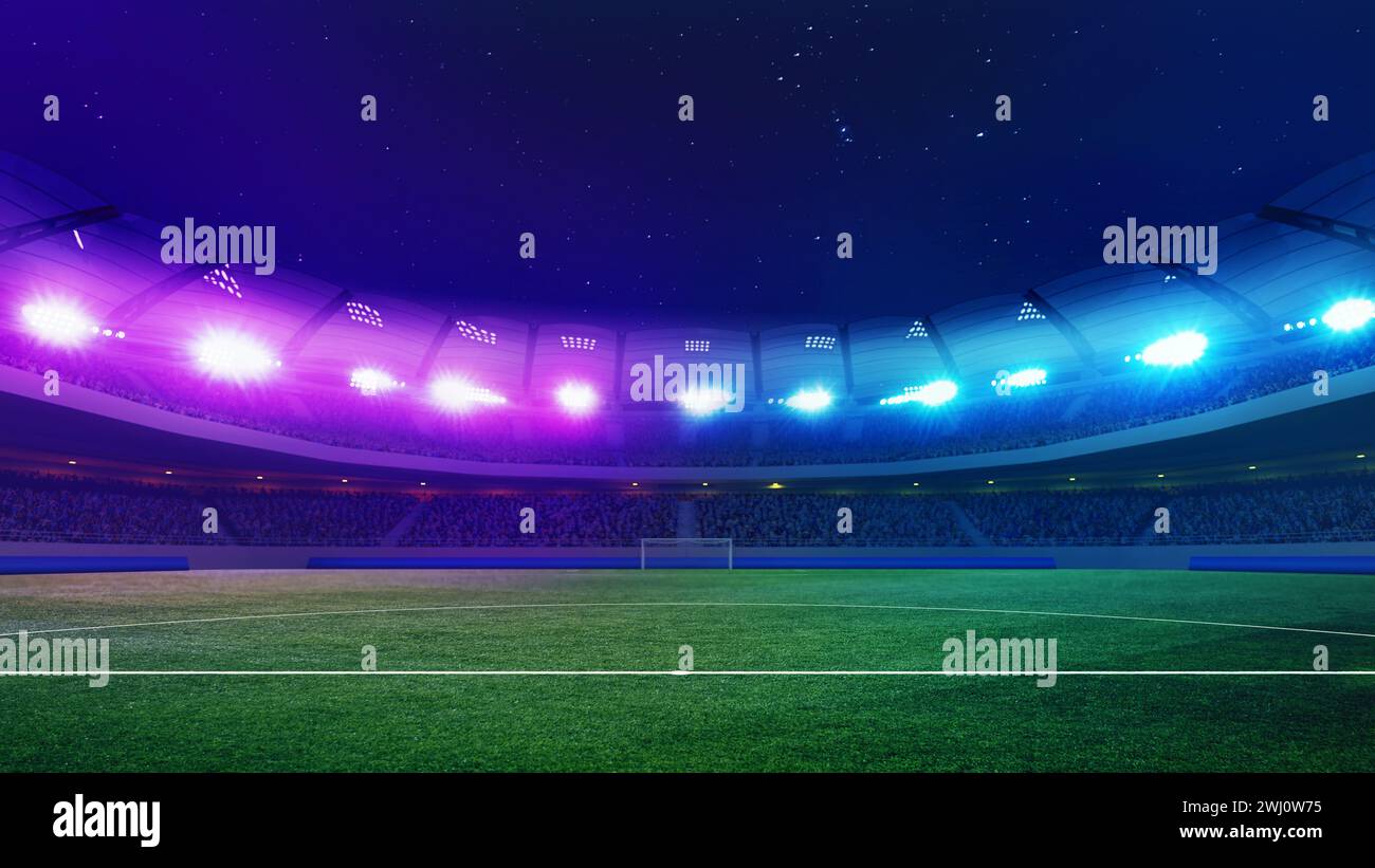 Football field, empty soccer stadium with green grass illuminated with ...