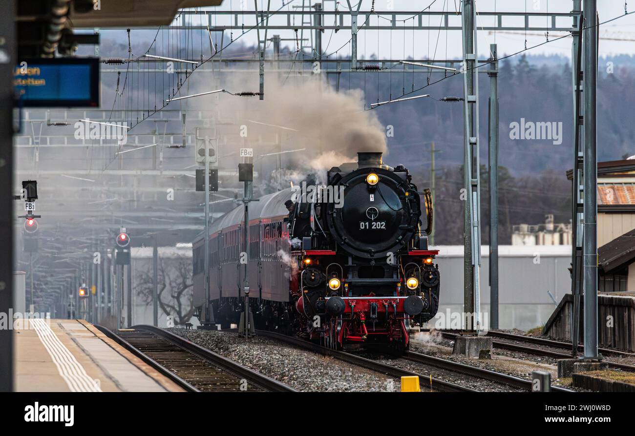 Die Dampflok BR 01 (Baureihe 01, 01 202) fährt in den Bahnhof Rafz ein. Die Schnellzuglokomotive ...