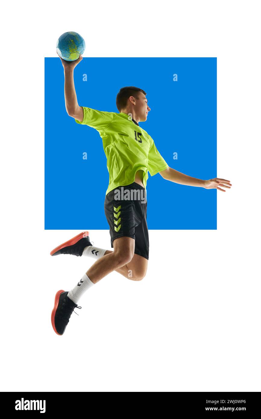 Dynamic image of young man, handball player in motion with ball against ...