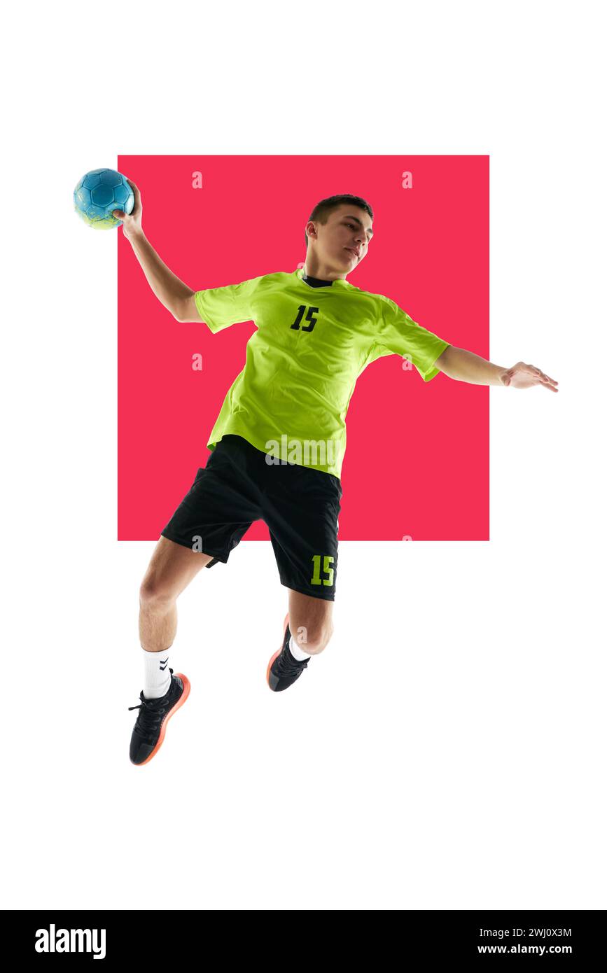 Dynamic image of young man, handball player in motion with ball against ...