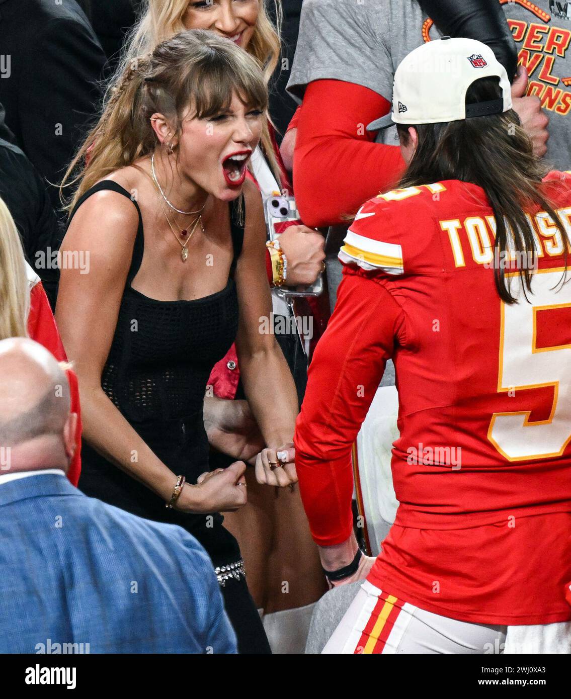 Tommy Townsend Of Kansas City Chiefs With Taylor Swift Following His Sides Super Bowl Lviii