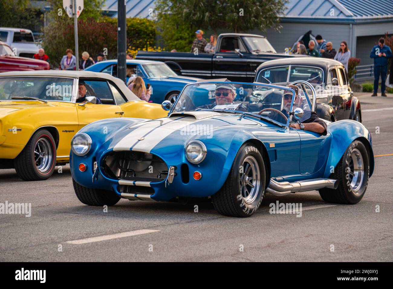 A blue 1965 shelby AC Cobra 427 S, in Morro Bay California in May of ...