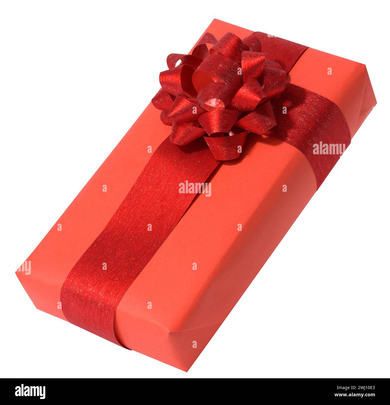 Box is wrapped in red gift wrapping and red ribbon on a white isolated ...