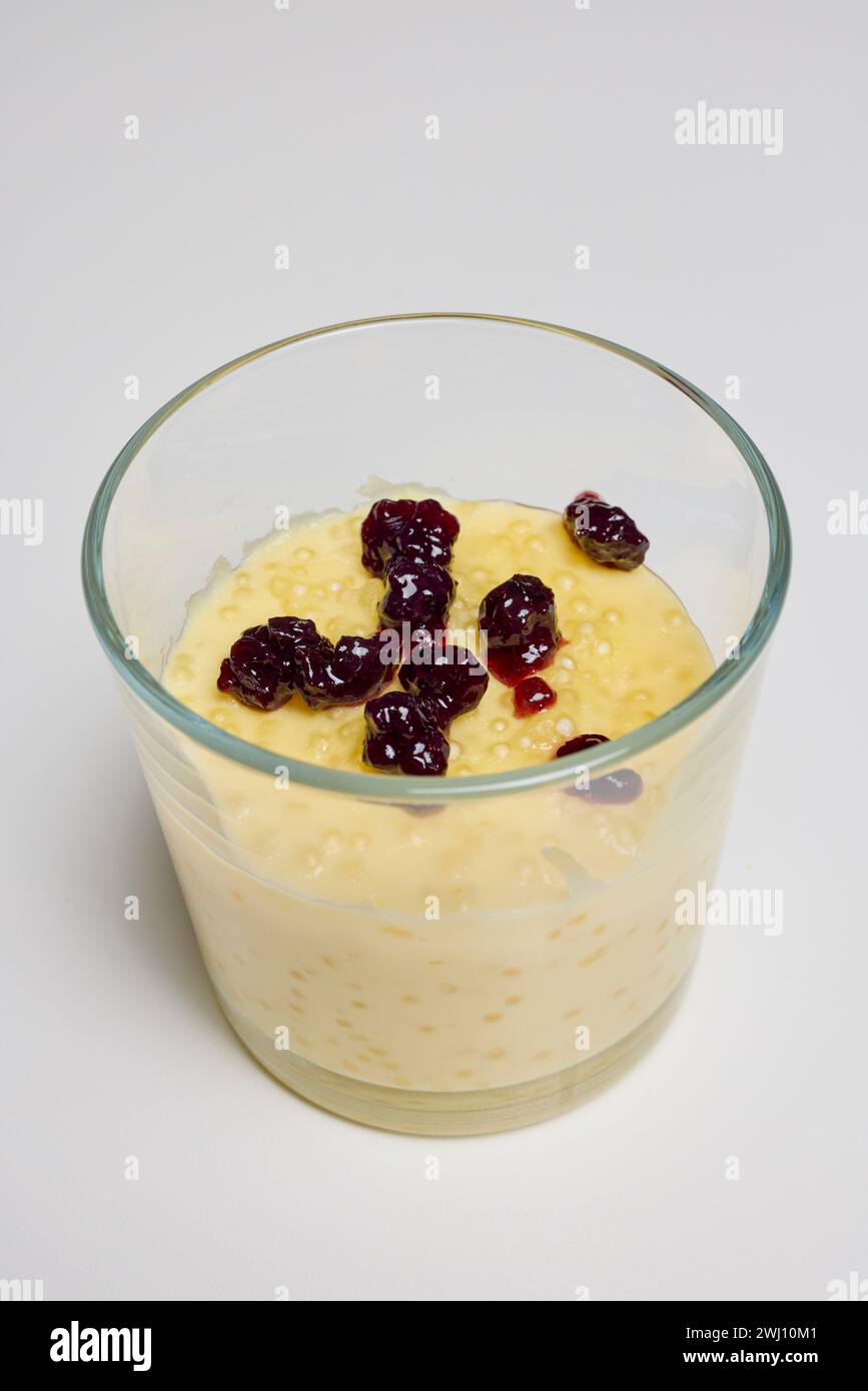 a glass bowl with dessert, tapioca pudding with vanilla and blueberry ...