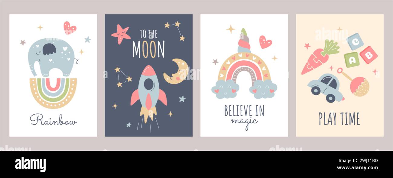 Set of cute boho baby posters in Scandinavian style. Bohemian nursery ...