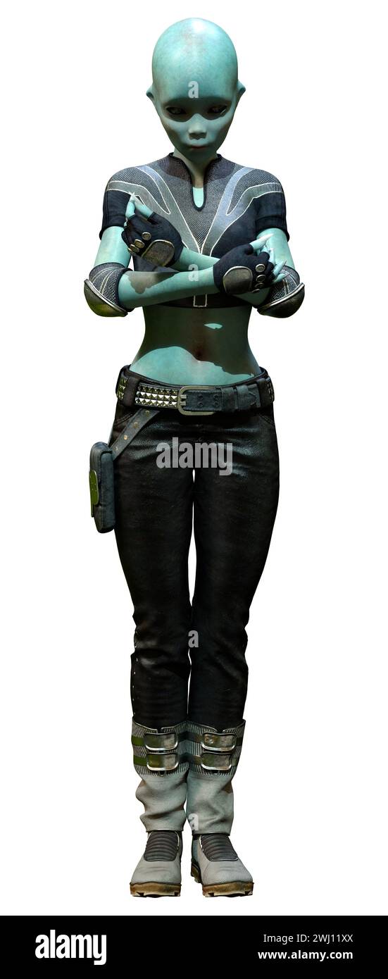 3D rendering of a green female teenager alien isolated on white ...