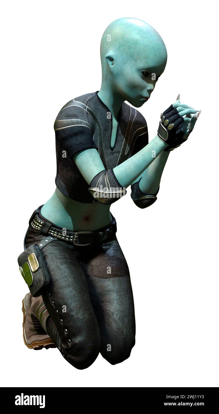 3D rendering of a green female teenager alien isolated on white ...