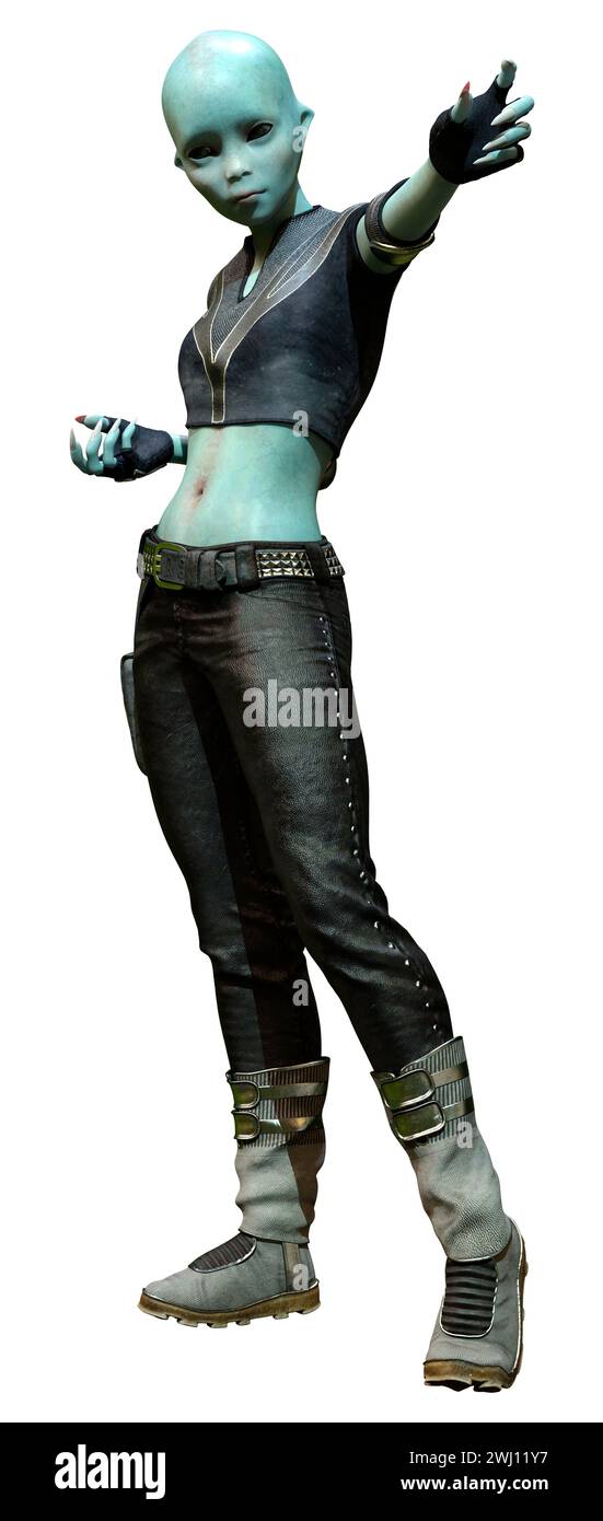 3D rendering of a green female teenager alien isolated on white ...