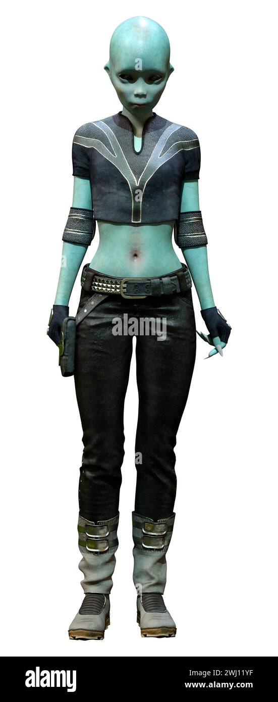 3D rendering of a green female teenager alien isolated on white ...